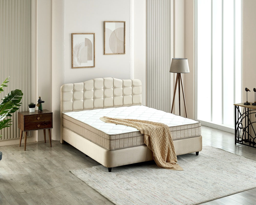 Marrakech Boxspring met opbergruimte - Velvet Beige – Budget-Bed.nl